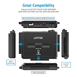 Unitek USB 3.0 to IDE and SATA Converter External Hard Drive Adapter Kit for Universal 2.5/3.5 HDD/SSD Hard Drive Disk, One Touch Backup Function, Included 12V/2A Power Adapter