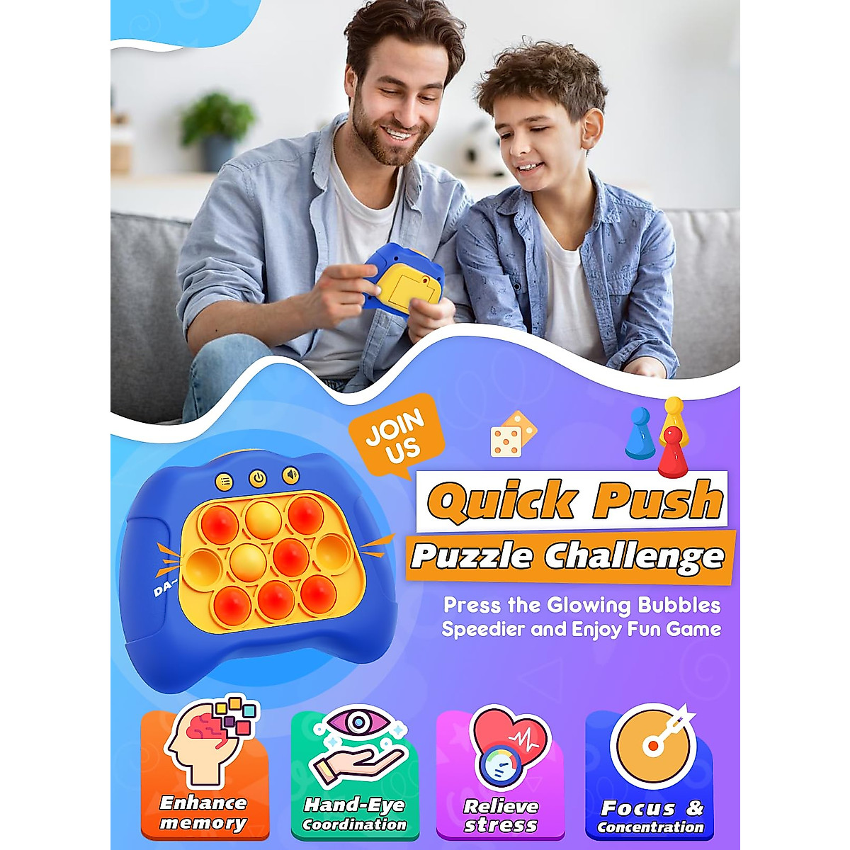 Light Up Bubble Up Fidget Toy, Electronic Quick Push Game Console, Birthday Gifts for 6 7 8 9 10-12 Year Boys and Girls Push Up Stress Toy, Concentration Fast Speed Puzzle Game for Family Party - Blue