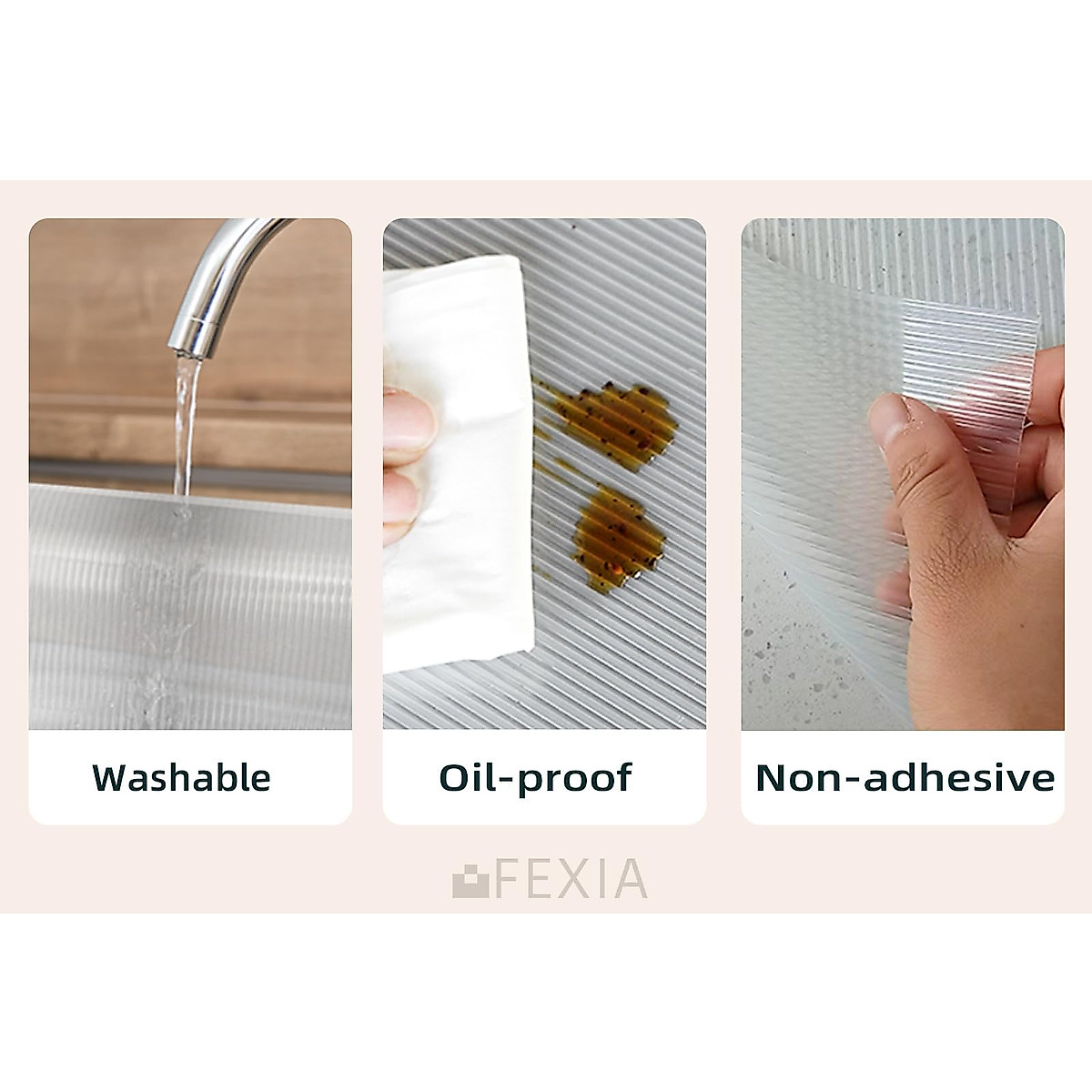 FEXIA Shelf Liner for Kitchen Cabinets, 12 Inch x 25 FT, Non Adhesive Drawer Liner, Refrigerator Liners, Washable Oil-Proof Fridge Pads Shelves Drawer, Cabinet Mat for Shelves (Clear)