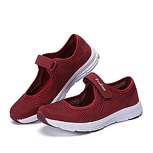 WEUIE Mary Jane Shoes for Women,Women's Comfortable Breathable Fitness Running Sports Shoes Lightweight Mesh Sneakers Wine