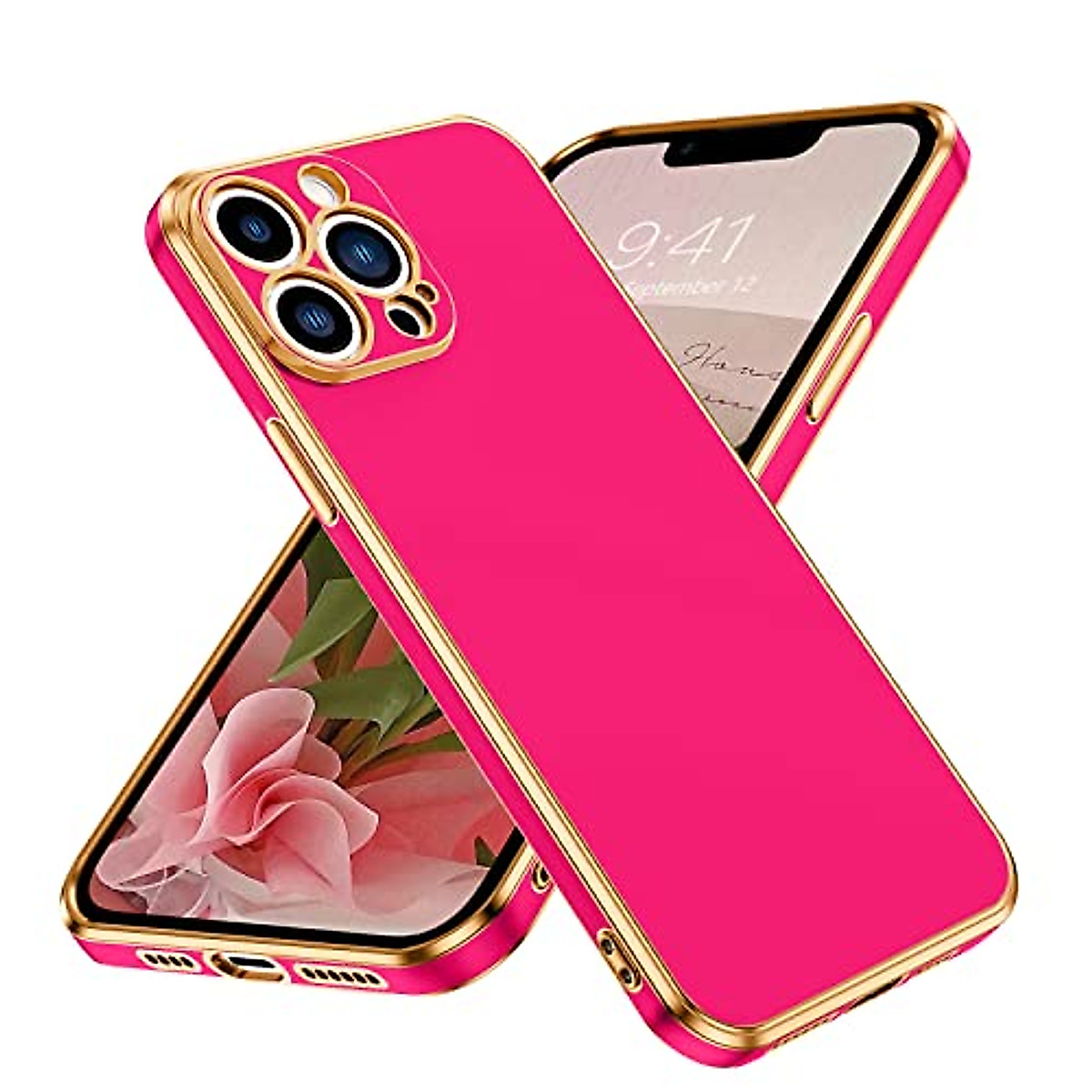 BENTOBEN for iPhone 13 Pro Max Case, Slim Soft Luxury Electroplated Bumper iPhone 13 Pro Max Phone Case for Women Men Girl Shockproof Protective Case Cover for iPhone 13 Pro Max 6.7", Hot Pink/Gold