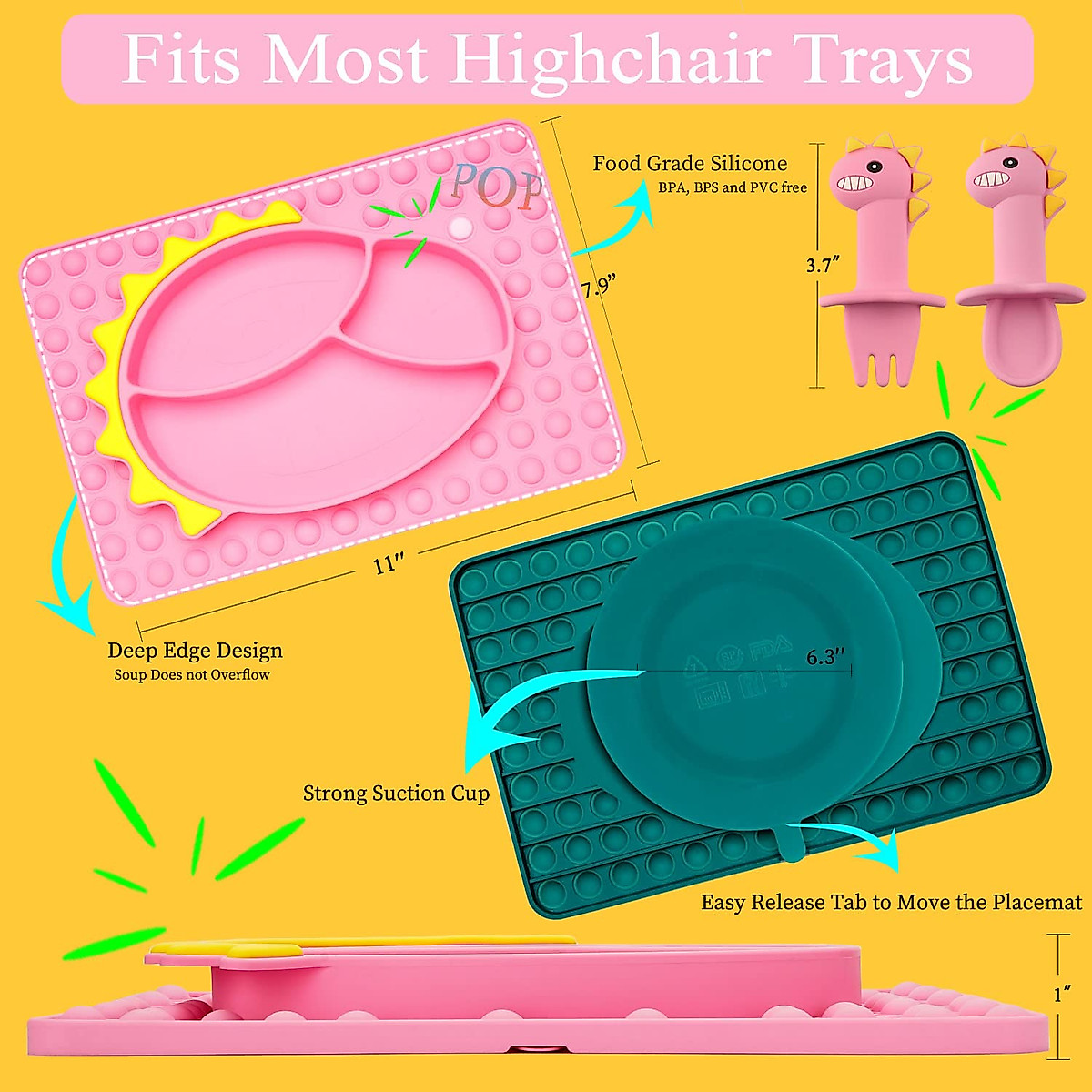 NICINGU Silicone Toddler Dinosaur Feeding Placemat Sets with Spoon and Forks,Baby Push Pop Bubble Suction Divided Plate Utensils Sets,Kids Led Weaning Dish Sets-Pink Dinosaur Placemat Sets