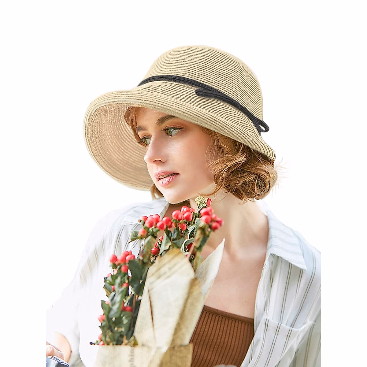 Straw Beach Sun Hat for Women Summer Bucket Hat Elegent Vintage 1920S Packable SPF UV Protection Boho Hat (Beige)