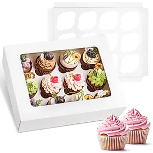 Kucoele 12 Count Cupcake Boxes, 2 Pack White Cupcake Containers with Windows and Inserts, Disposable Cupcake Carriers for Muffins, Treats, Pastries, 13 x 10 x 4 Inches