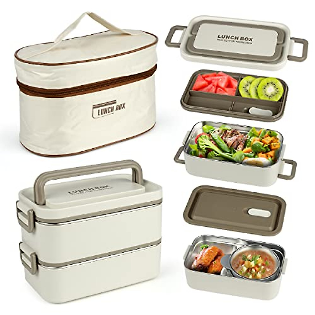 Keweis Bento Box Adult Lunch Box, Portable Insulated Lunch Containers Set, 2-Tier Stackable Stainless Steel Bento Boxes with Thermal Lunch Bag Soup Bowl, Leakproof Food Container
