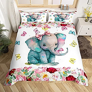 Erosebridal Girls Elephant Comforter Cover Cute Animal Duvet Cover Full Size for Kids Toddlers Boys Bedroom Decor, Floral Butterfly Bedding Set Kawaii Elephant Bed Cover with 4 Corner Ties, Colorful