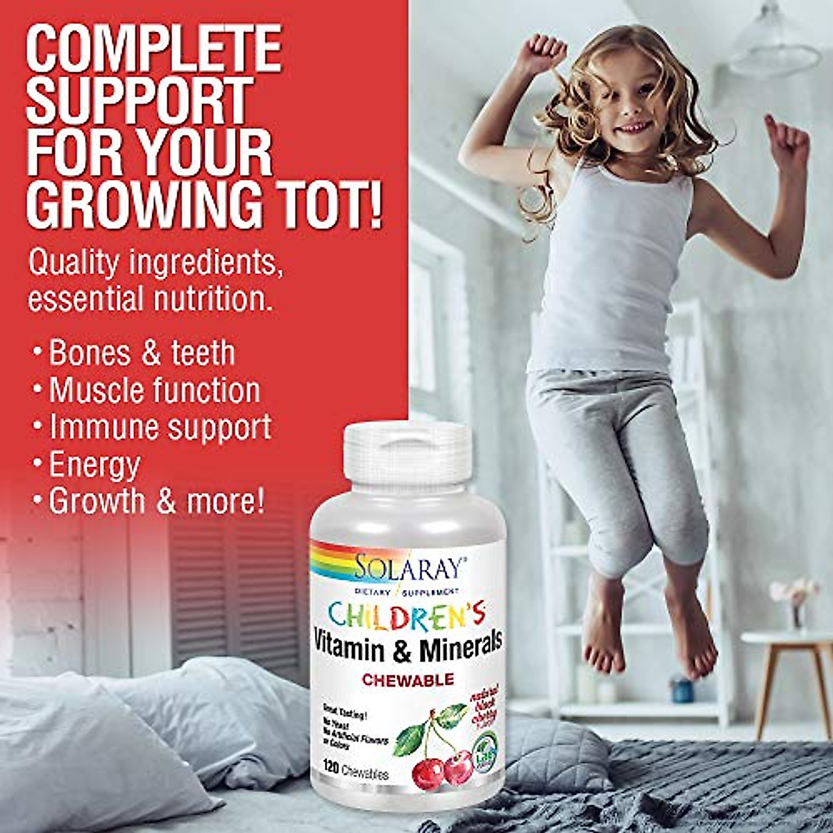 SOLARAY Childrens Vitamins & Minerals | Complete Multivitamin for Kids | Great Black Cherry Flavor (120 Chews, 60 Serv)