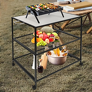 LUGBING 3-Tier Mobile Outdoor Grill Cart with Push-Pull Handle, Stainless Steel Work Cart Table, Black
