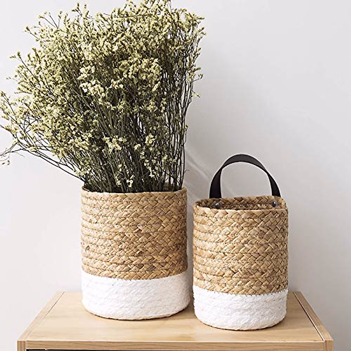 Goosacyon 2 Pack Seagrass Woven Hanging Basket Woven Wall Basket with Handle Rope Storage Basket Wicker Baskets for Plants Flower Clothes Home Decor