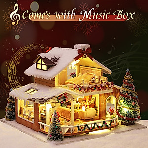 DIY Miniature Dollhouse Kit, 3D Wooden Puzzle Christmas Tiny House Model Kit with Music Box LED Light Dust Proof Cover, 3D Wooden Puzzle for Adults Couple, Handmade Crafts Home Decor Gift (Snow Villa)