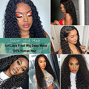 Super idol Deep Wave Closure Wigs Human Hair 4x4 Lace Front Wigs Human Hair Brazilian Hair 150% Density Free Part Wig Wet and Wavy Glueless Wigs Pre Plucked with Baby Hair (16 Inch, 4x4 Deep Wig)
