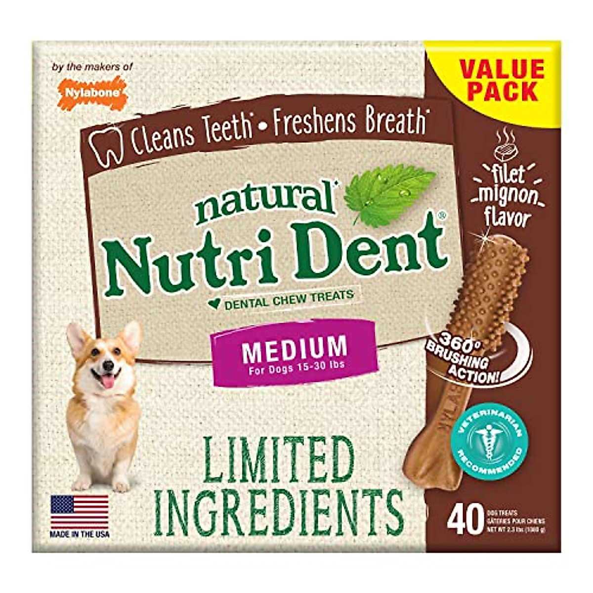 Nylabone Nutri Dent Dog Dental Treats - Natural Dog Teeth Cleaning & Breath Freshener - Dental Treats for Dogs - Filet Mignon Flavor, Medium (40 Count)