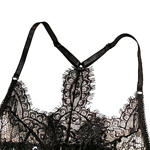 Lilosy Women Sexy Underwire Push Up Sheer Garter Belt Lingerie Set Floral Lace See Through Bra and Panty 3 Piece Eyelash Halter Black Medium