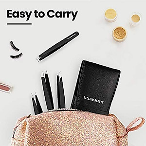 EXCLAIM BEAUTY Tweezers for Women & Men Pack of 4 Stainless Steel Tweezers Set, Precision Tweezers for Eyebrows Splinter Ingrown Hair Removal Tweezers Kit for Women with Leather Case – Matte Black