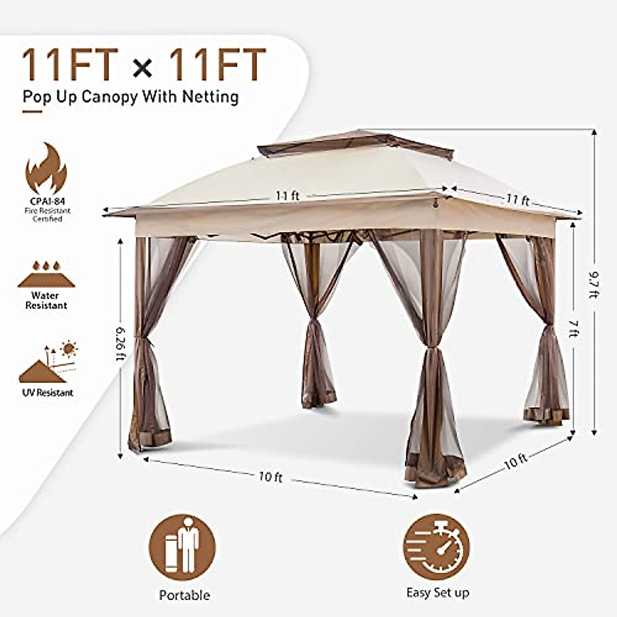 Cool Spot 11x11 Pop-Up Instant Gazebo Tent with Mosquito Netting Outdoor Canopy Shelter with 121 Square Feet of Shade by COOS BAY (Beige)
