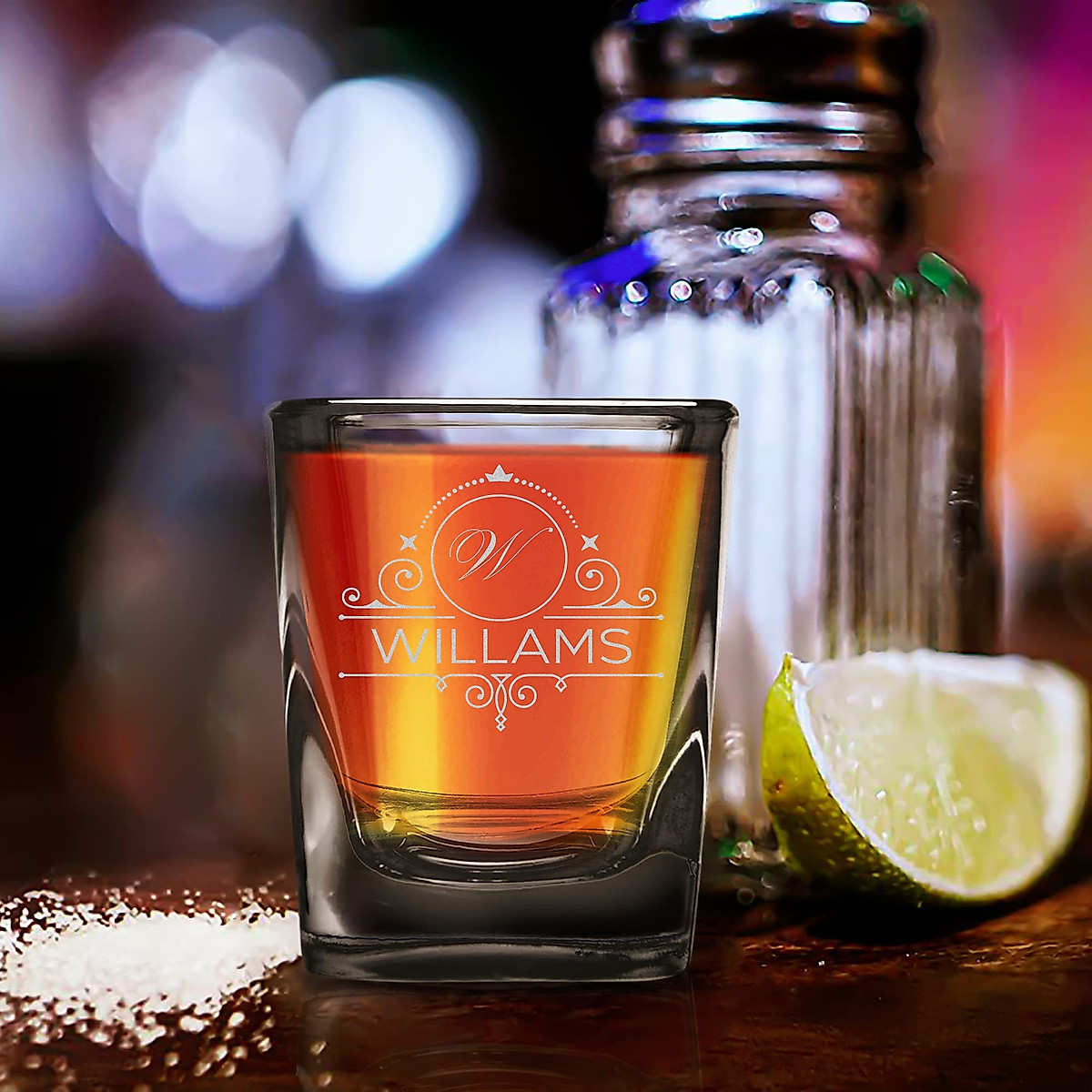 Personalized Monogram Laser Engraved Square Heavy Base Prism Shot Glass 2 oz. with Optional Gift Box, Custom Initial Name Gifts for Him, Her