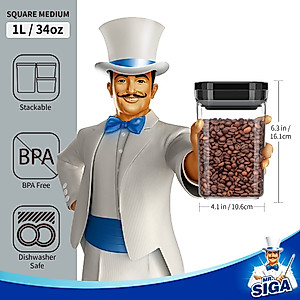 MR.SIGA 4 Pack Airtight Food Storage Container Set, BPA Free Kitchen Pantry Organization Canisters, One-Handed Airtight Cereal Snack Candy Storage Containers, 1 L / 34oz, Medium, Black