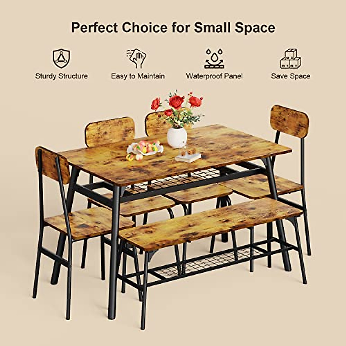 Gizoon Dining Table Set for 6, 6-Piece Kitchen Table and Chairs, Dining Room Table Set with Bench, Storage Rack for Small Space, Home, Apartment, Retro