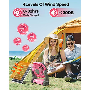 Art In Real 10400mAh Solar Powered Fan, Portable Solar Fan with LED Lantern, Camping Fan with 7W Solar Panel, Stepless Speed Battery Powered Fan for Travel, Camping,Office,Outdoor＆Indoor(Pink)