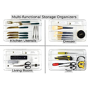 KIKILIE 2 Pack Clear Kitchen Drawer Organizer, Acrylic Transparent Divided Organizers for Utensils Silverware Makeup, Dresser Organizer with 4 Sections, Divider Flatware Tray