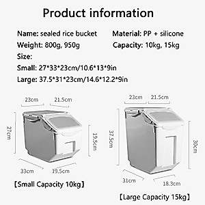 ACGrade Rice Container, Rice Dispenser Container, Clamshell Rice Container, 10kg/15kg Rice Container, Kitchen Container Barrel, Rice Storage Container Plastic, for Whole Grains, Gray, 10.6x13x9in