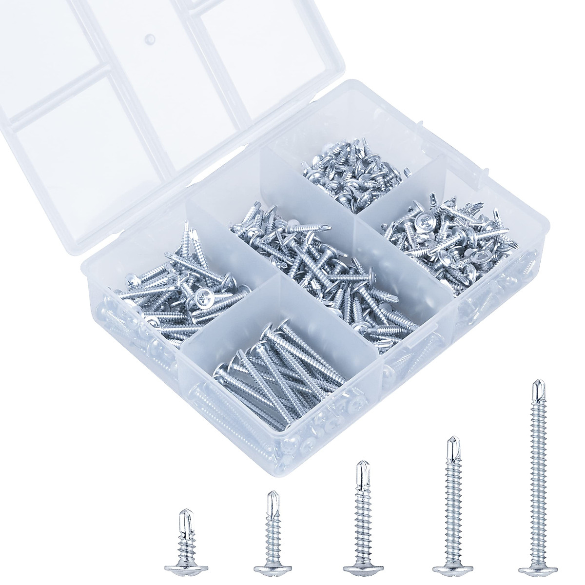 KURUI Self Tapping Screws for Metal Assortment Kit, 350PCs #8 Galvanized Phillips Sheet Metal Screws, Carbon Steel Truss Head Self Drilling Screws for Metal in 5 Sizes (1/2, 3/4, 1-1/4, 1in, 2in)