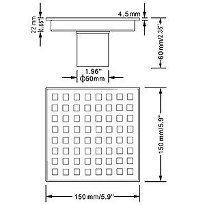 TRUSTMI 6 Inch Square Shower Floor Drain with Removable Grid Grate Cover, SUS 304 Stainless Steel,Brushed Gold