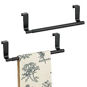 mDesign Adjustable, Expandable Over Kitchen Cabinet Towel Bar Rack - Hang on Inside or Outside of Doors, Hold Hand, Dish, Tea Towels - Customizable to 17" Wide, Omni Collection, 2 Pack - Matte Black