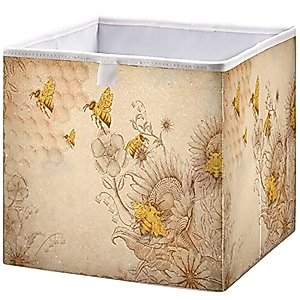 visesunny Closet Baskets Vinatge Style Sunflower Bee Storage Bins Fabric Baskets for Organizing Shelves Foldable Storage Cube Bins for Clothes, Toys, Baby Toiletry, Office Supply