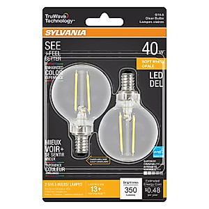 SYLVANIA LED TruWave Natural Series Décor Globe G 16.5 Light Bulb, 40W Equivalent, Efficient 4W, Candelabra Base, Dimmable, 350 Lumens, 2700K, Clear, Soft White - 2 Pack (40784)