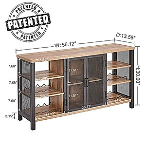 FATORRI Industrial Wine Bar Cabinet for Liquor and Glasses, Farmhouse Wood Coffee Bar Cabinet with Wine Rack, Metal Sideboard and Buffet Cabinet (55 Inch, Rustic Oak)