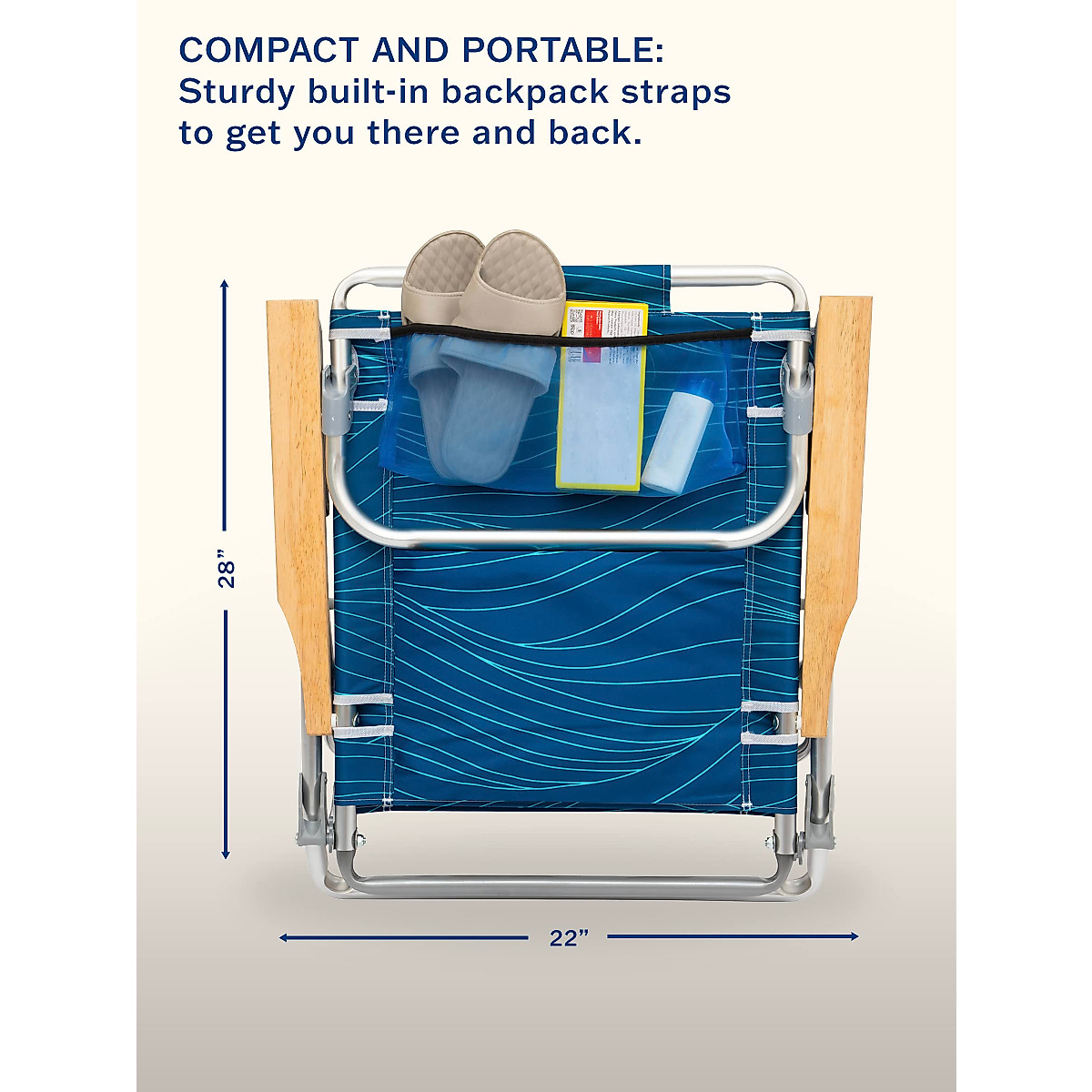 Raise Your Game Portable Backpack Beach Chair, Folding with 5 Positions, Storage Cup Holder and Bottle Opener with Phone Pocket, Headrest (Blue)