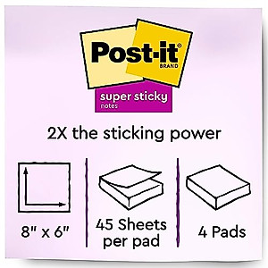 Post-it Super Sticky Notes, 8x6 inches, 4 Pads, (Orange, Pink, Blue, Green), Recyclable (6845-SSP)