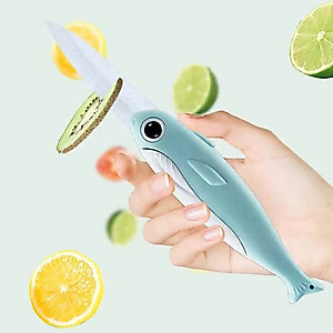 Folding knife, portable pocket ceramic knife for fruit, suitable for carrying super sharp mini fish shaped Ceramic Paring Knife when traveling (Blue)