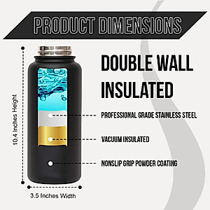 BE THE WATER 32 oz Sports Water Bottle with a Pouch 3 Lids 2 Straws - Keeps Hot and Cold Water, Leak Proof, Double Walled Vacuum Insulated Stainless Steel, Metal Water Bottles