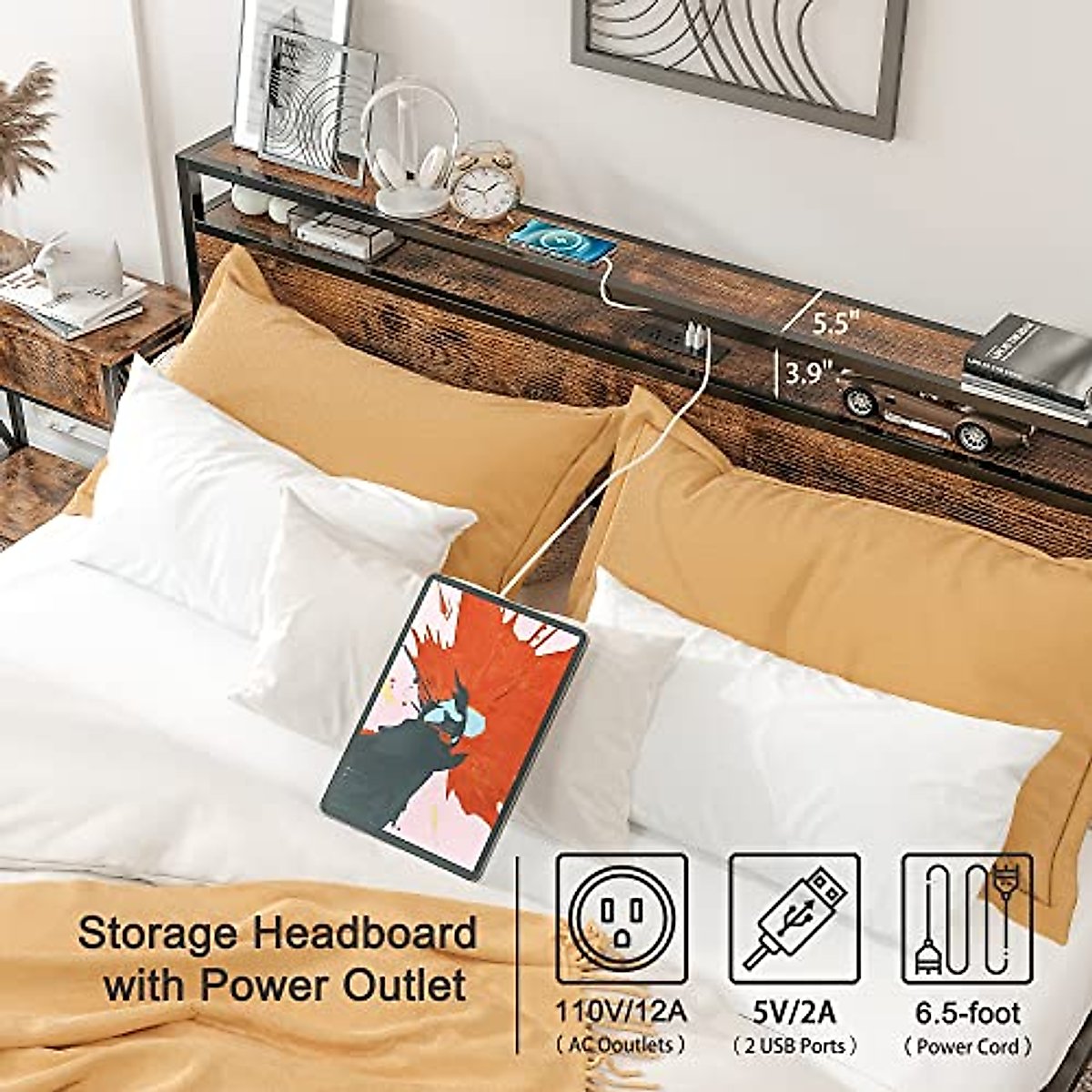 IRONCK King Size Bed Frame with Storage Headboard, Platform Bed with Charging Station, Solid and Stable, Noise Free, Easy Assembly