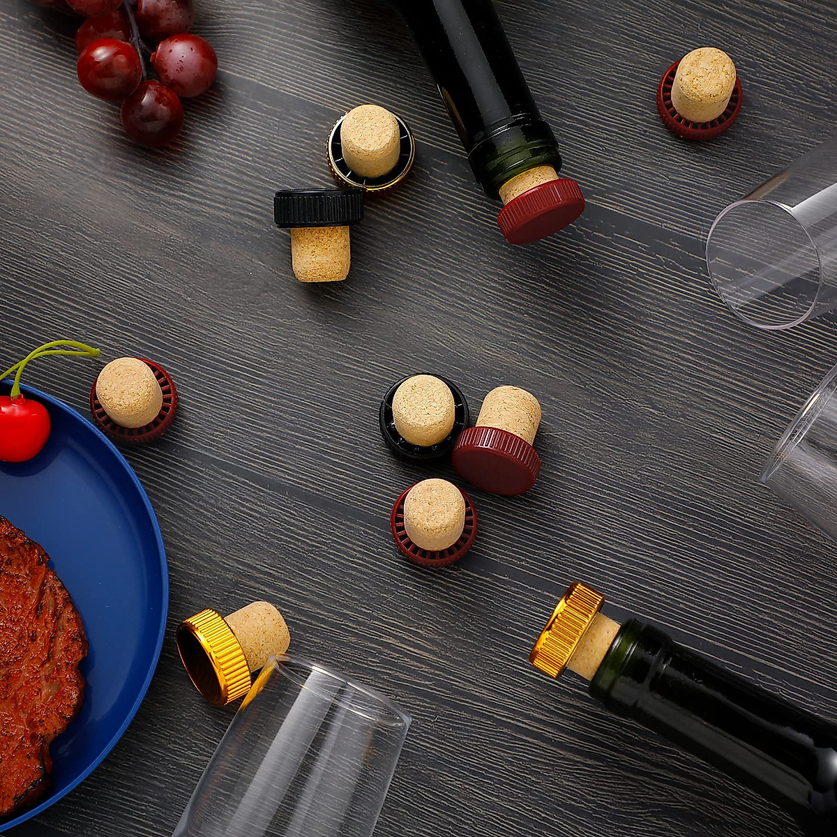 24 Pieces Cork Plugs Cork Stoppers Tasting Corks T-Shape Wine Corks with Plastic Top Wooden Wine Bottle Stopper Bottle Plugs Replacement Corks for Wine Beer Bottle, Glass Bottles (Black, Brown, Gold)