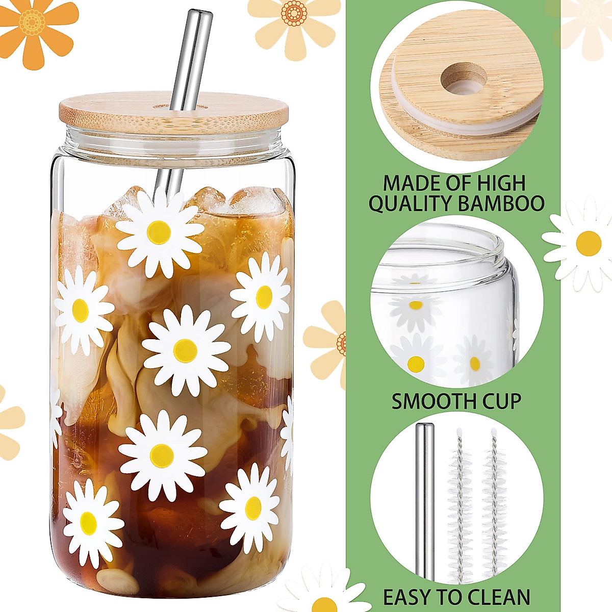 Nuenen 4 Pcs 16oz Daisy Flower Glass Cup with Lids and Straws Iced Coffee Glass Cup Cute Aesthetic Cups Glass Coffee Tumbler for Women Friend Her Birthday Gifts (Daisy)