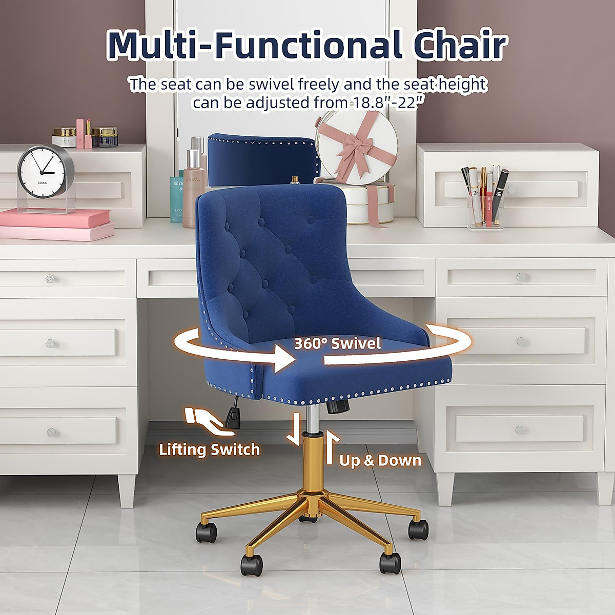 Westice Home Office Desk Chairs, Upholstered Velvet Swivel Desk Chair with Tufted Back, Gold Metal Base & Wheels, Height Adjustable Vanity Makeup Chair for Bedroom Living Room, Blue