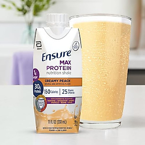 Ensure Max Protein Nutrition Shake Liquid, with 30g of Protein, 1g of Sugar, High Protein Shake, Creamy Peach, 11 fl oz - Pack of 12