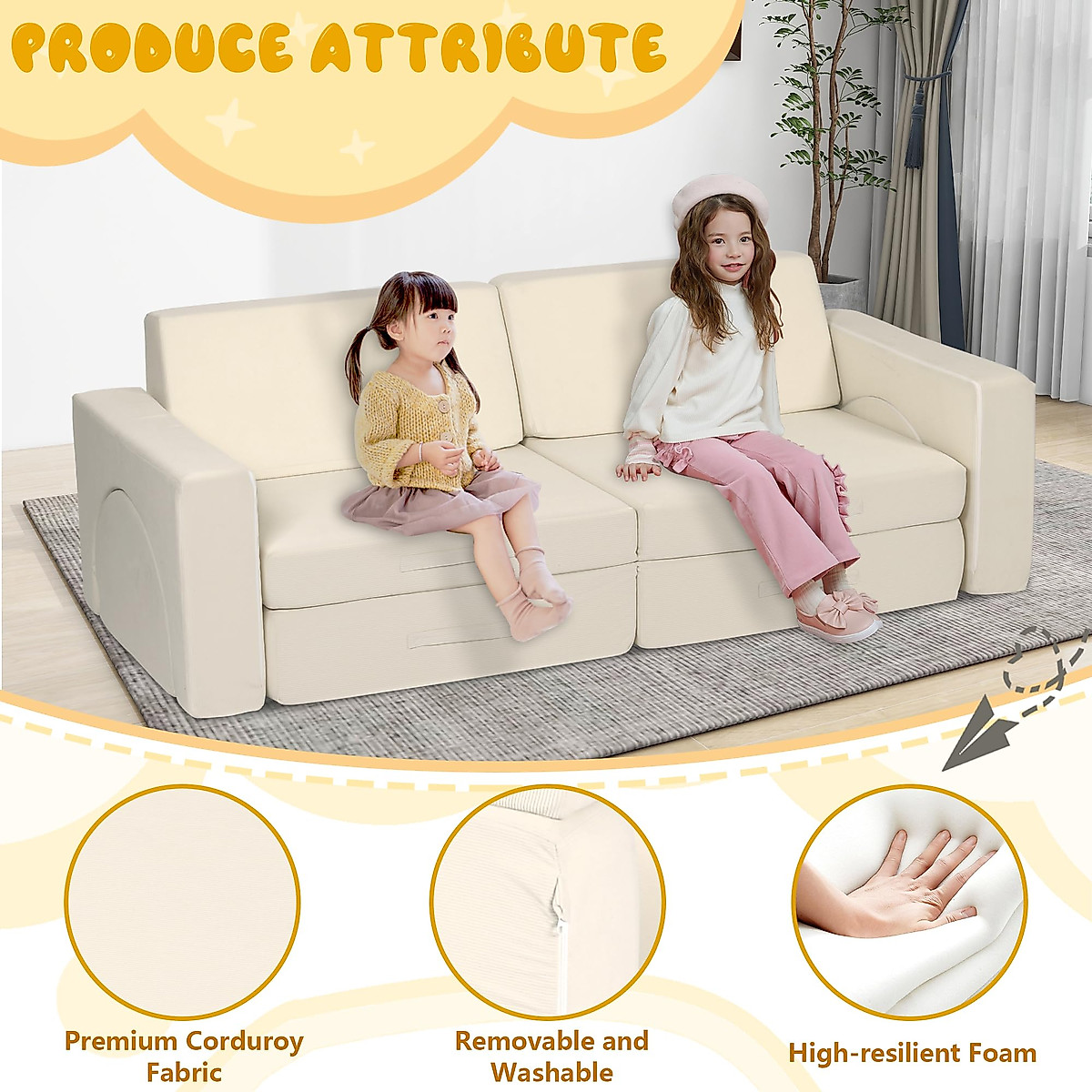 CATMIX Modular Kid Play Couch, 10PCS Kids Couch Sectional Sofa Soft & Stylish Toddler for Playroom Bedroom, Kids Adults, Floor Foam Sofa for Boys and Girls (Beige)