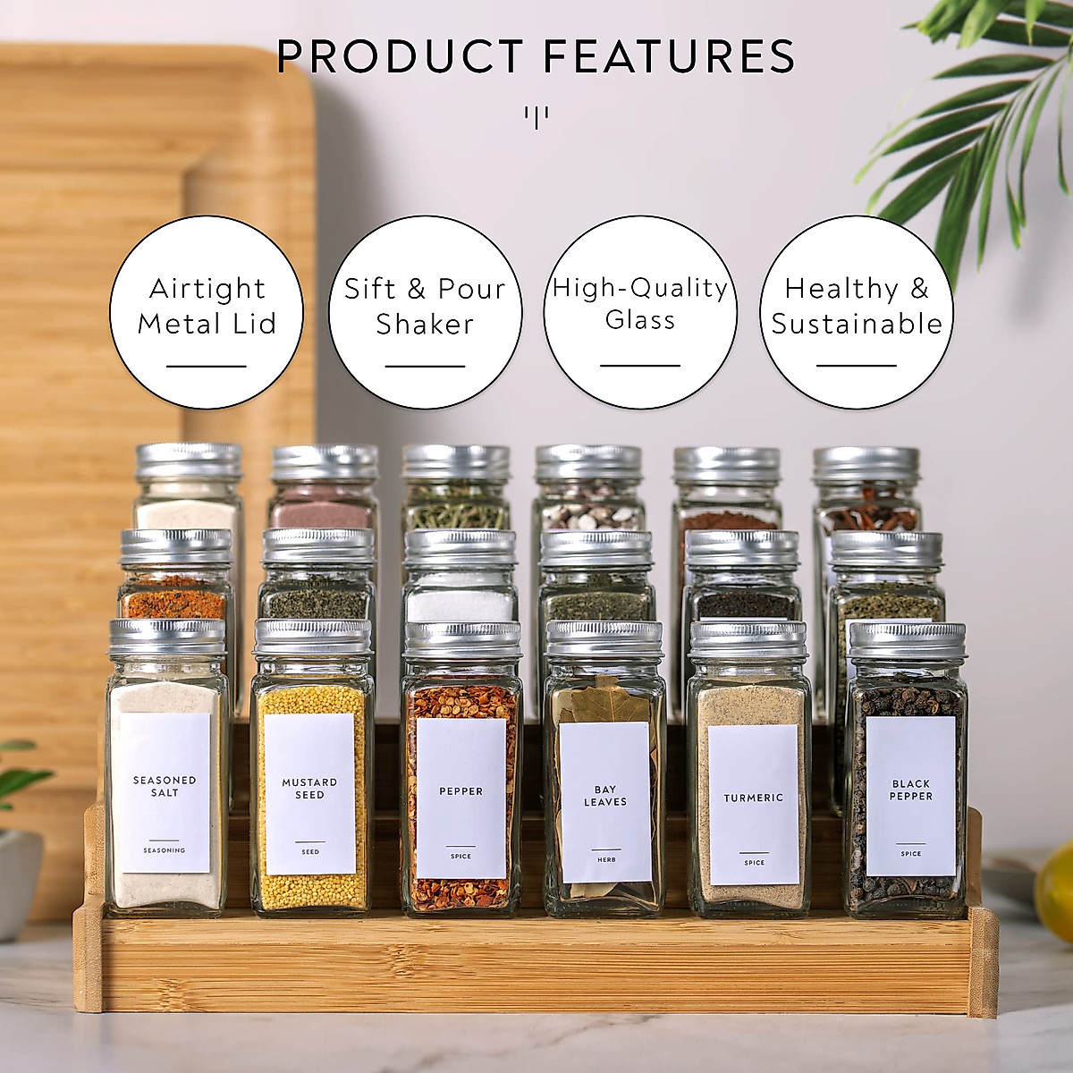 Laramaid 4oz 24Pack Spice Jars with 455 White Vinyl Spice Labels, Shaker Lids Dispenser with Airtight Silver Metal Caps, Cleaning Brush and Collapsible Silicone Funnel Complete Set