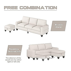 ZeeFu Convertible Sectional Sofa Couch,Beige Linen Fabric Modern 3-Seat L-Shaped Upholstered Sofa Couch Furniture with Storage Reversible Ottoman and Pockets for Living Room Small Space Apartment