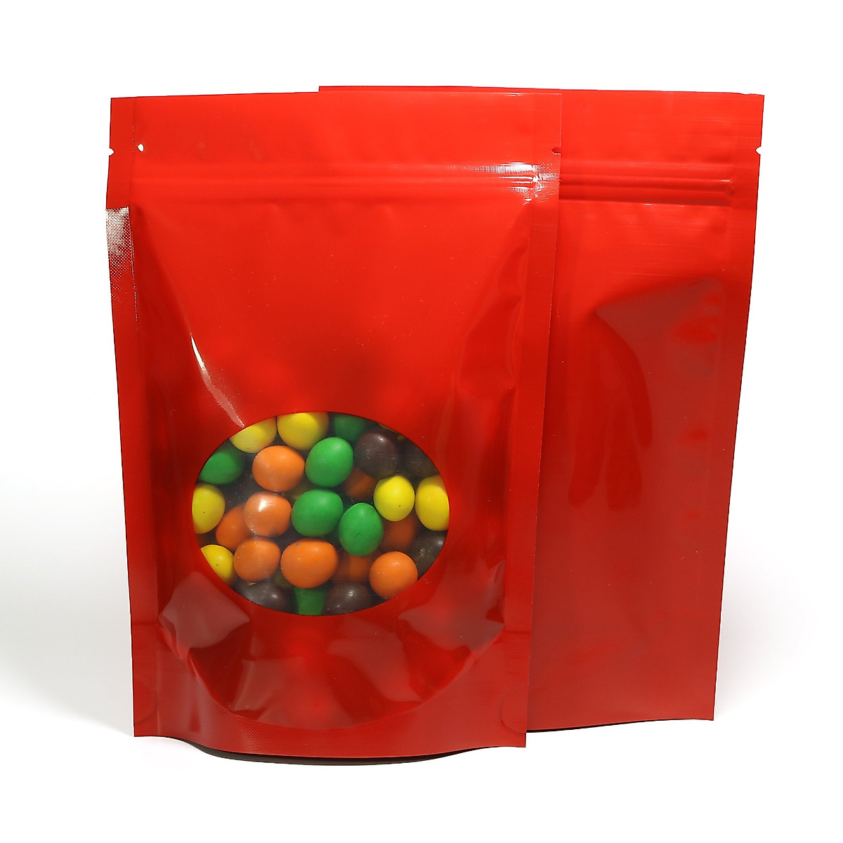 QQ Studio Pack of 100 Glossy Colored Mylar Foil Stand-Up Zip Seal Bags w/Clear Round Window (Glossy Red, 4.0 inches x 6.3 inches)