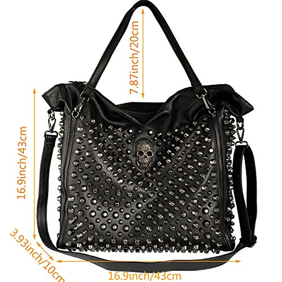 Chikencall® Women Studded Skull Handbag and Purses PU Leather Big Tote Crossbody Shoulder Bag Black