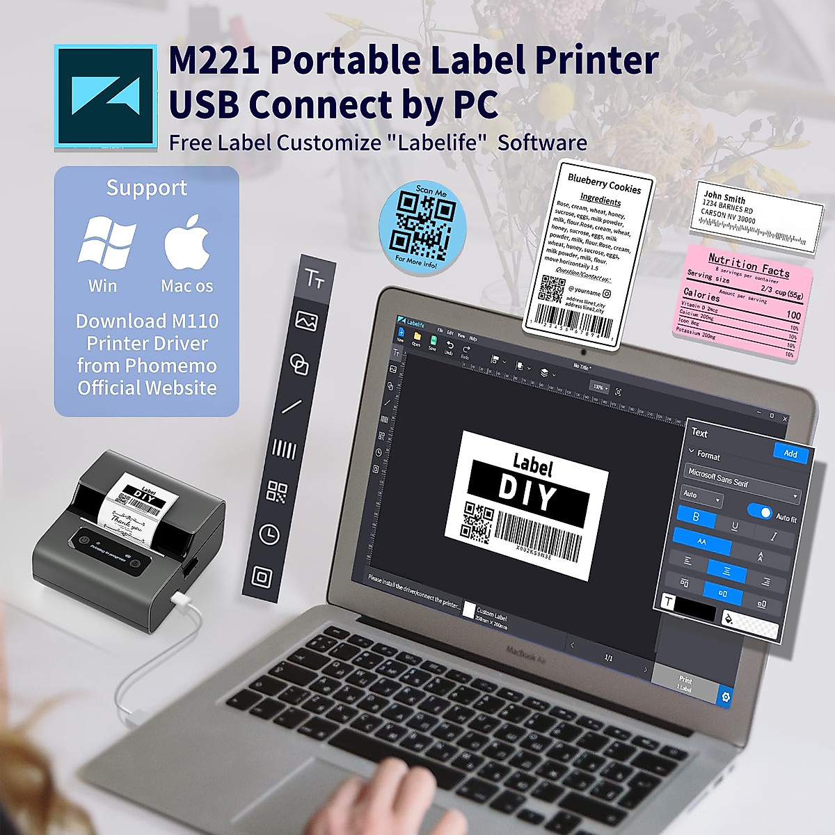 Phomemo M221 Label Maker-Flagship’s Advanced 3Inch Bluetooth Thermal Label Printer, Print Clearer & Sharper, for Address, Barcode, Ingredient,Crafts, Label Printer for Small Business, for Phone & PC