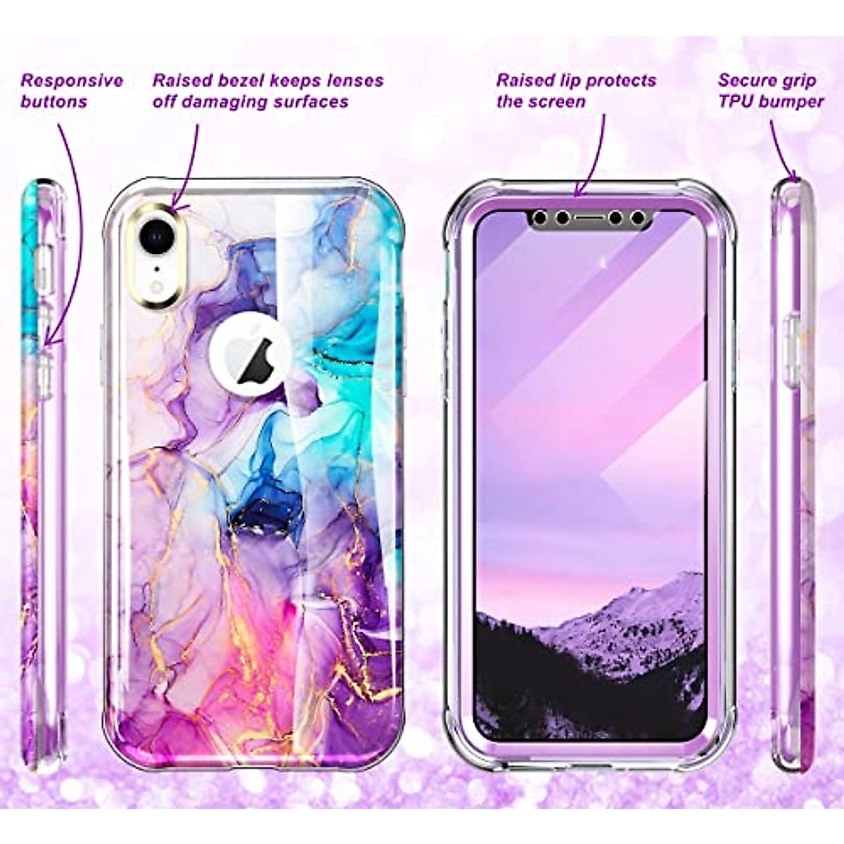 Hocase for iPhone XR Case, (with Built-in Screen Protector) Shockproof Soft TPU+Hard Plastic Rugged Slim Cute Stylish Full Body Protective Case for iPhone XR 6.1" 2018 - Watercolor Marble
