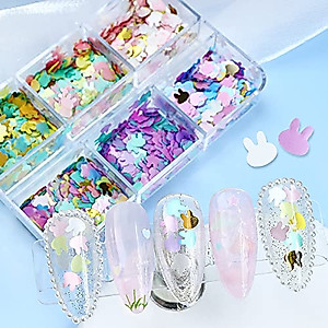 Holographic Nail Glitter Sequins, Easter 3D Rabbit Nail Art Flakes Mixed Color Bunny Nail Sequins Confetti Nail Art Decorations for Women 6 Grids (Easter Bunny)