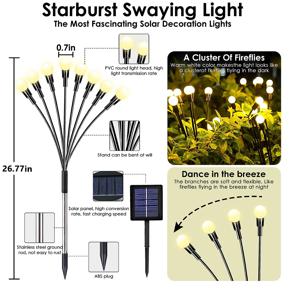 8Pack Total 64LED Solar Christmas Lights Solar Garden Lights Outdoor, Solar Firefly Lights, Waterproof Solar Fairy Lights Outdoor for Garden Yard Christmas Decoration(Warm White)