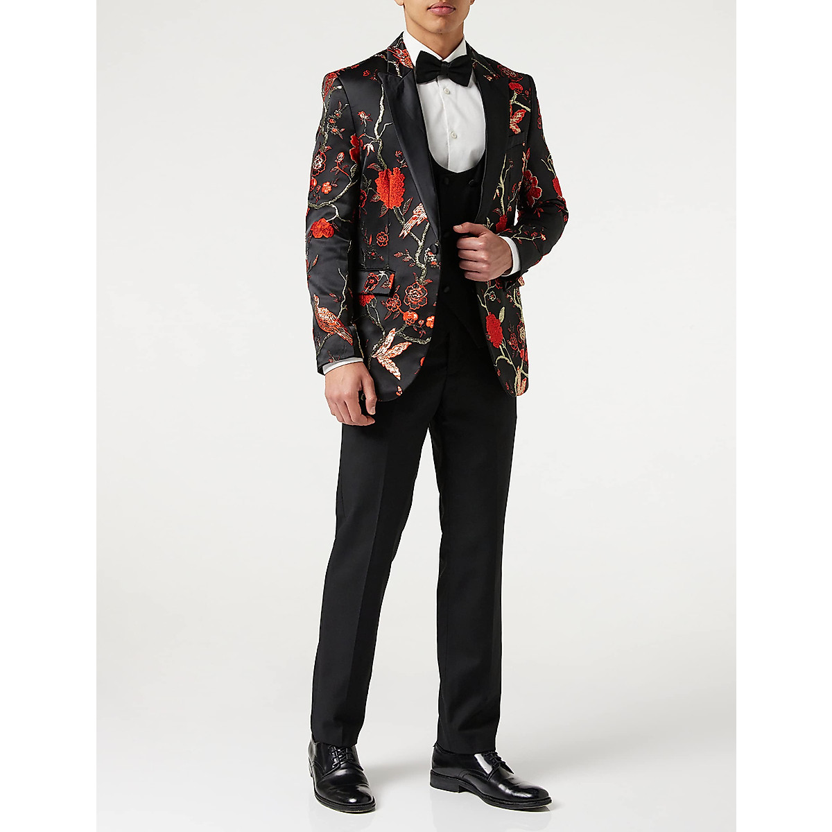 Mens Floral Bird Embroidery Black Gold Tux Jacket Stunning Party Wedding Blazer Waistcoat[TUX-8600-1,46,Black-Red]